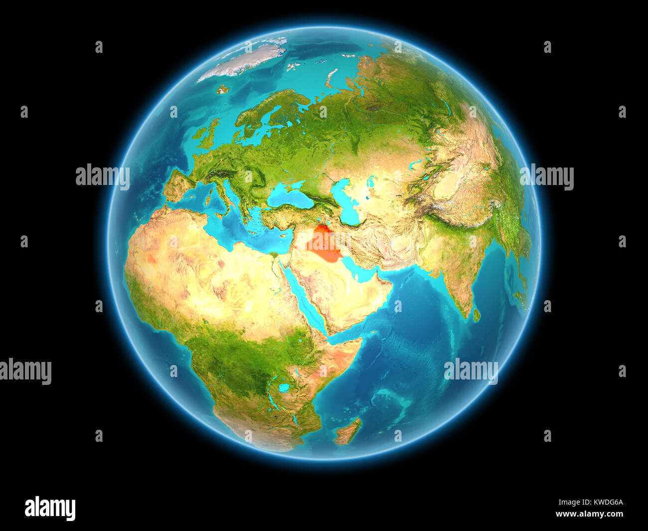 Iraq in red on planet Earth as seen from space on full sphere. 3D ...