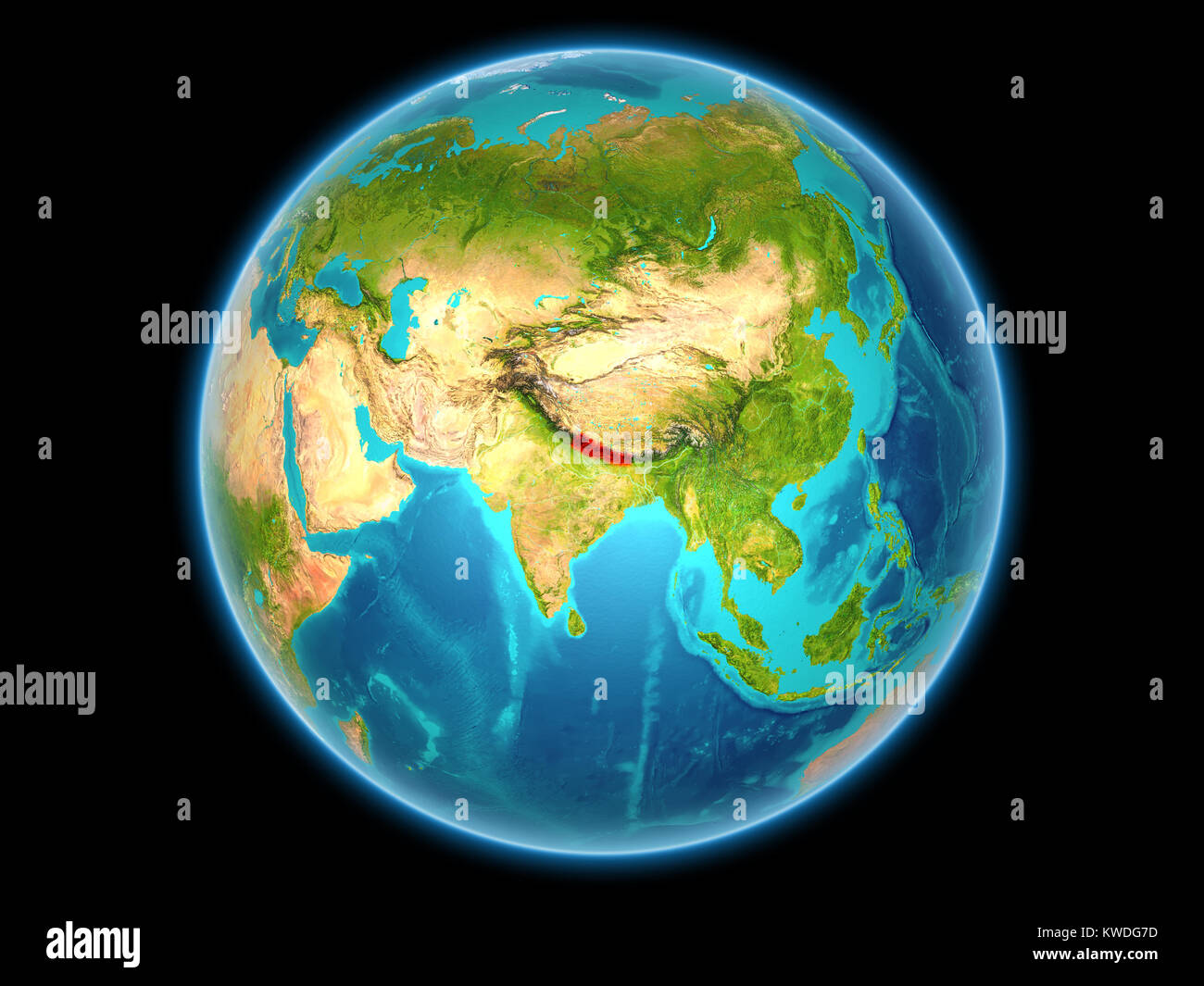 Nepal in red on planet Earth as seen from space on full sphere. 3D ...
