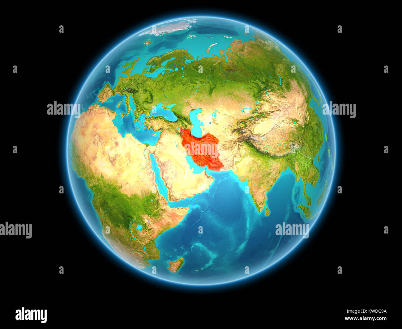 Iran in red on planet Earth as seen from space on full sphere. 3D ...