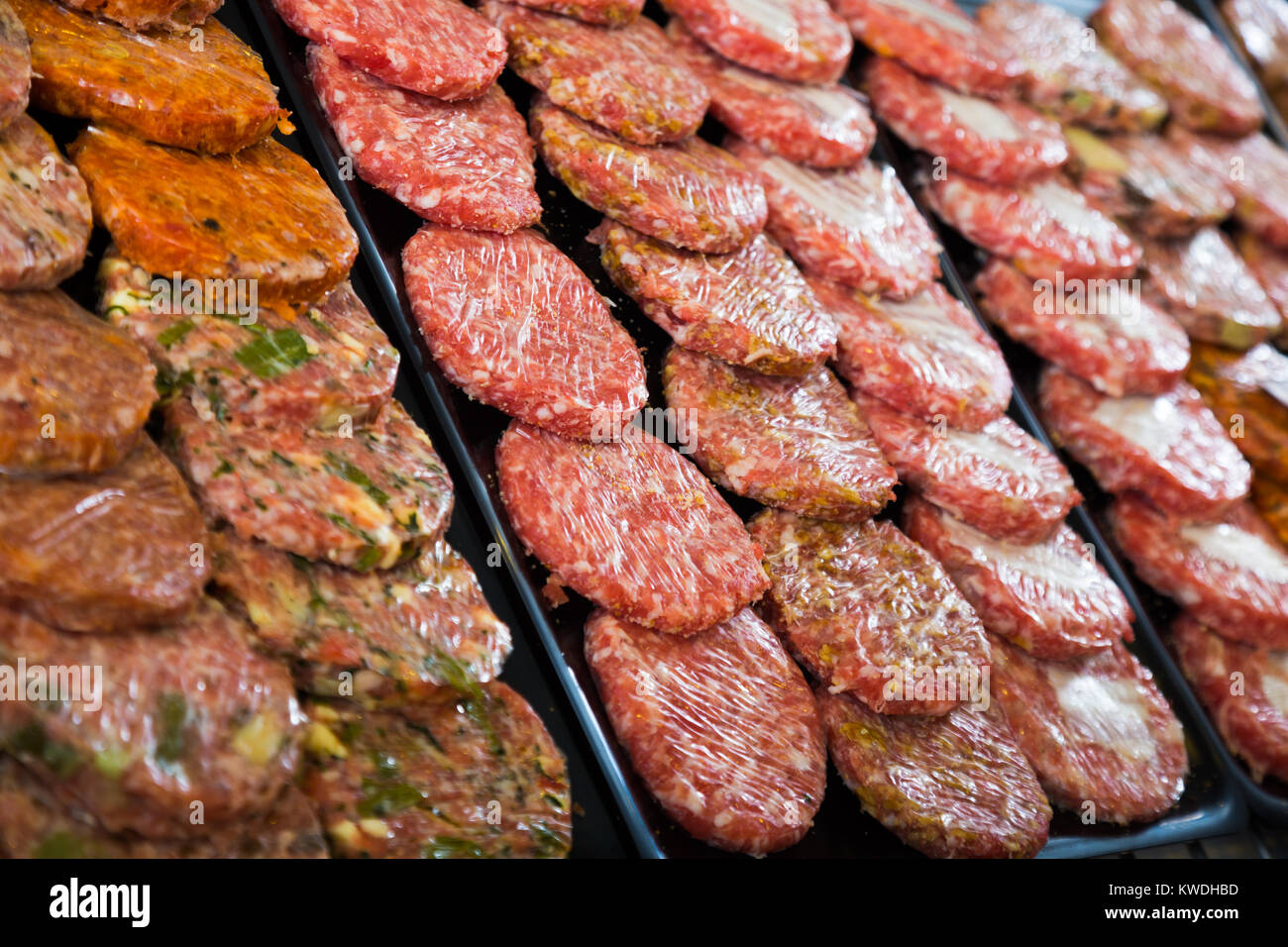burger on counter in supermarket, close up shot Stock Photo - Alamy