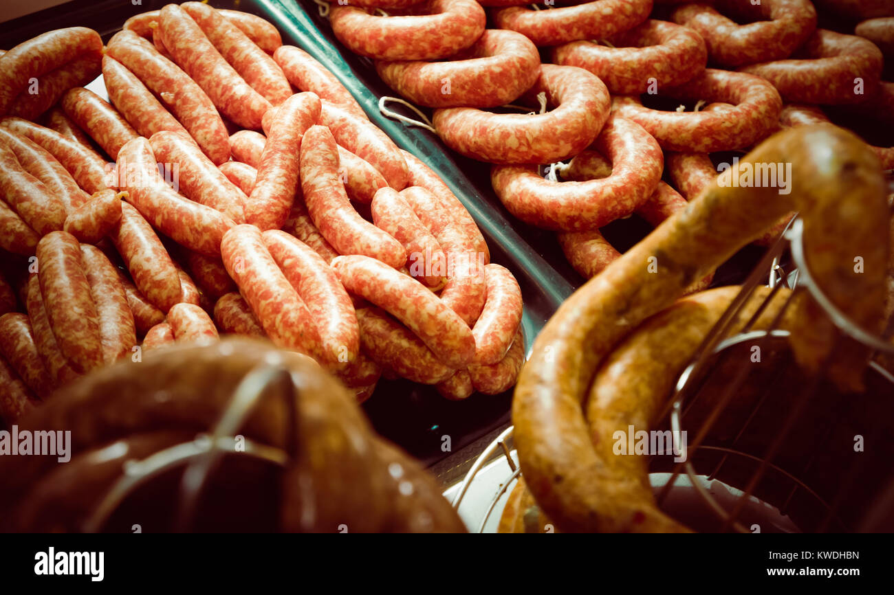 counter with assort of sausage, close up shot local focus Stock Photo ...