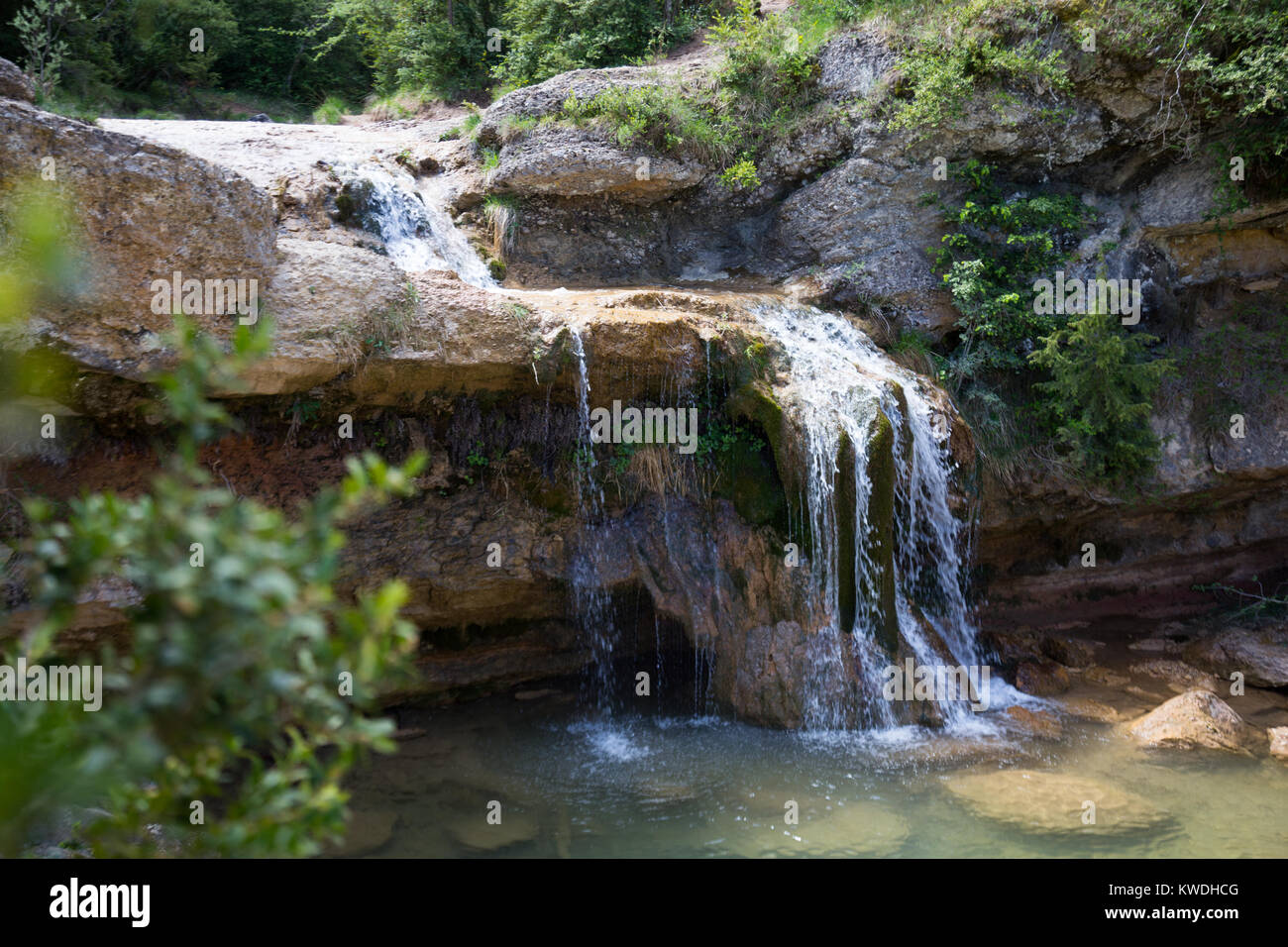 Pure mountain creek with green water attractive place in Spain Stock ...