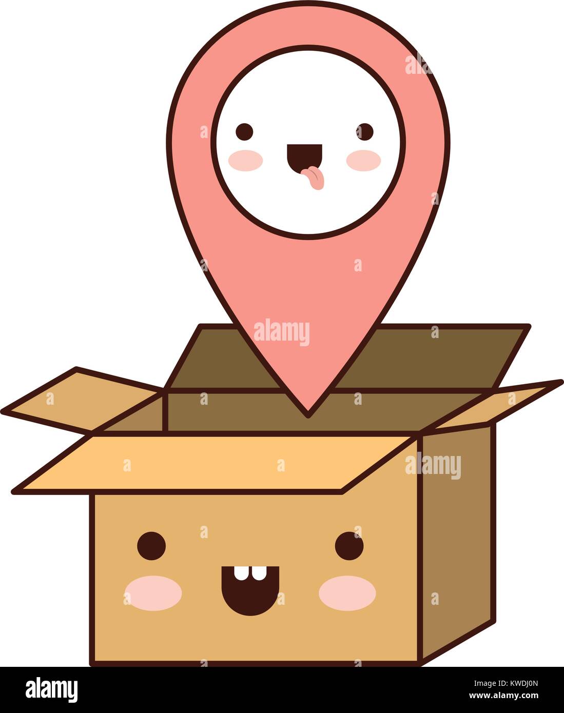 opened kawaii cardboard box with kawaii map pointer on top in colorful ...