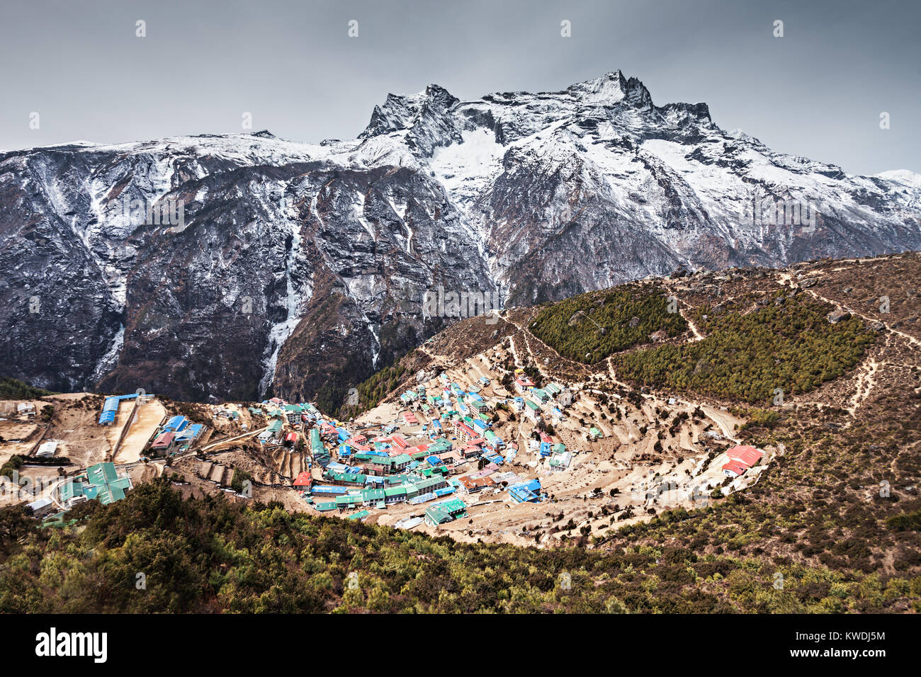 Namche Bazaar aerial view, Everest trek, Himalaya, Nepal Stock Photo ...