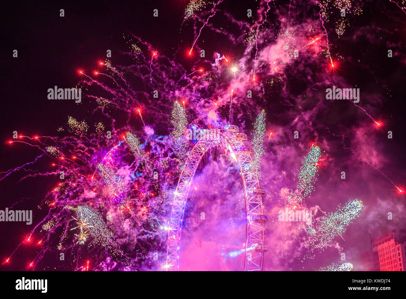 London, UK - January 1st 2018. Fireworks display at the London Eye in ...