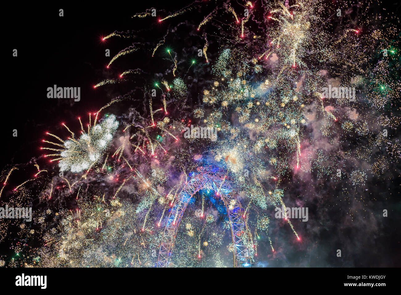 London, UK - January 1st 2018. Fireworks display at the London Eye in ...