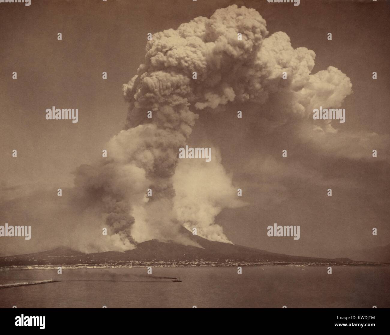 Mount Vesuvius erupting on April 26, 1872, spewing a tall column of ...