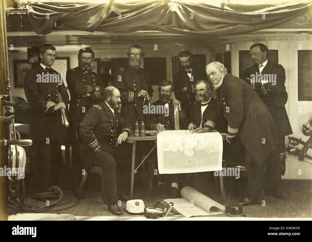 Council of War on USS COLORADO, after it was shelled by Korean shore ...