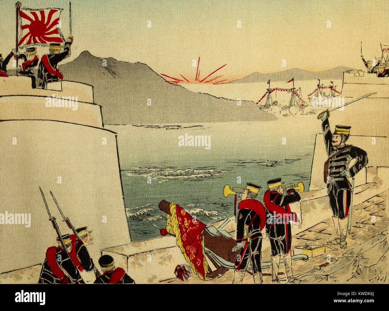 Japanese soldiers victorious on the citadel of Lushunkou (Port Arthur ...