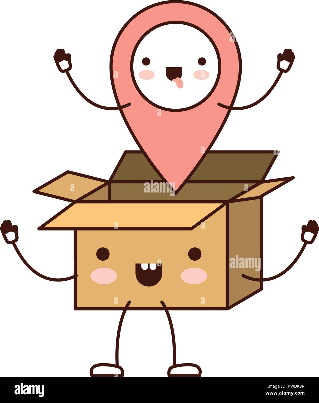 animated opened kawaii cardboard box with kawaii map pointer on top in ...