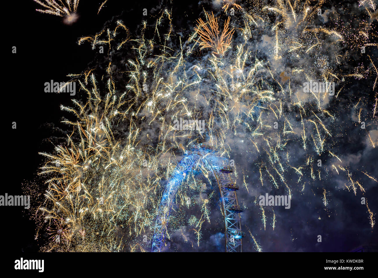 London, UK - January 1st 2018. Fireworks display at the London Eye in ...