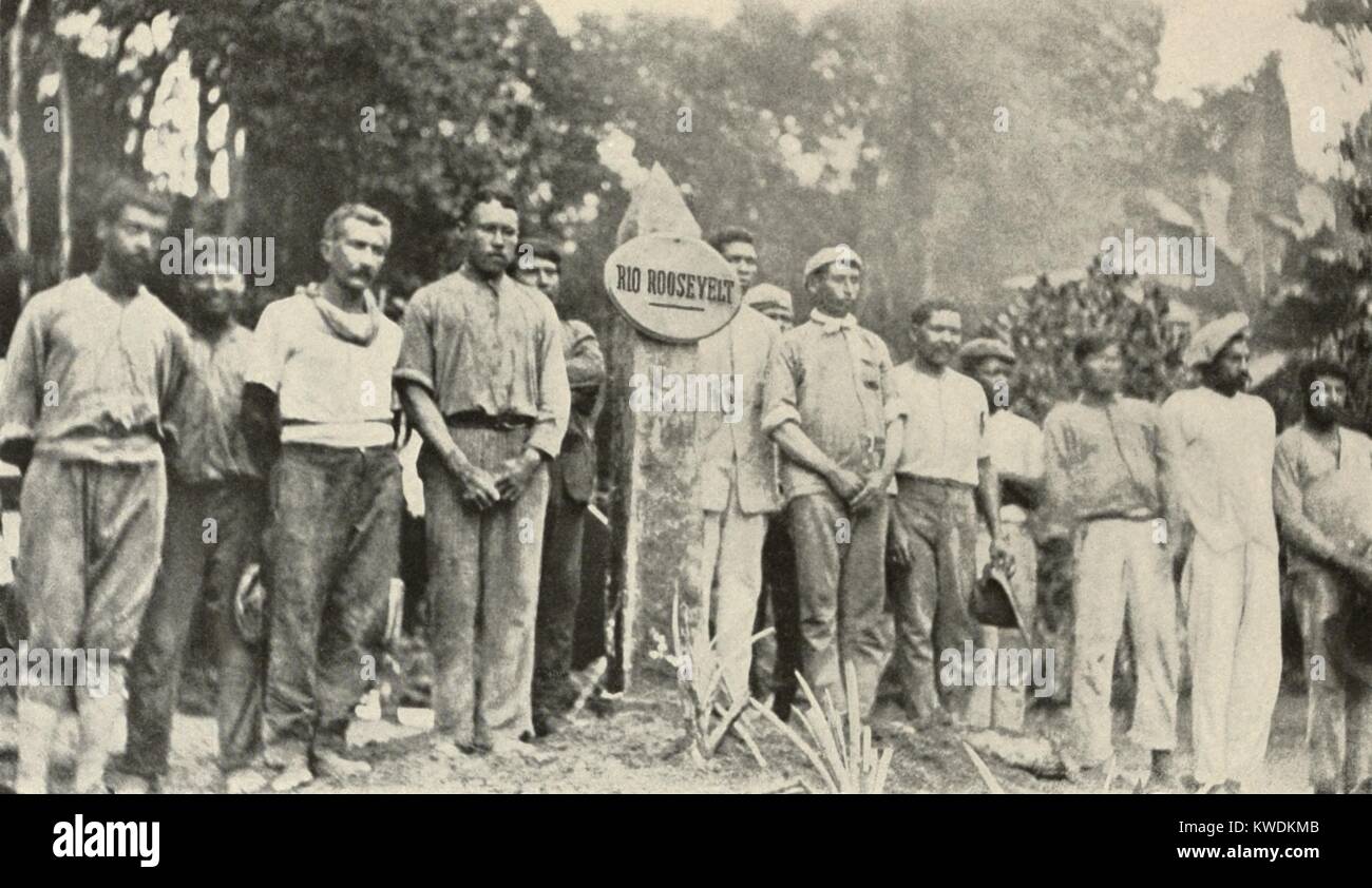 Colonel Rondon, third from left, and expedition partners at a monument ...