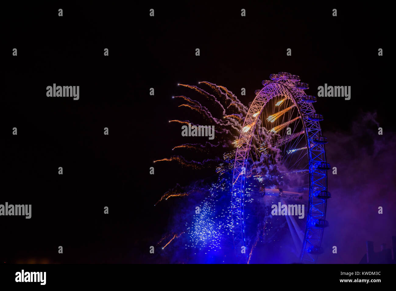 London, UK - January 1st 2018. Fireworks display at the London Eye in ...