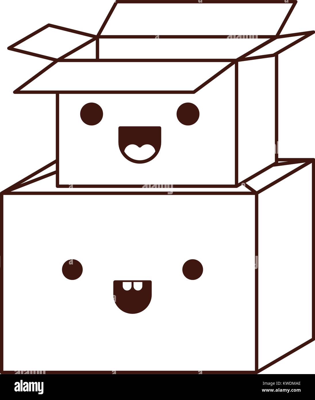 kawaii cardboard boxes stacked in monochrome silhouette Stock Vector ...