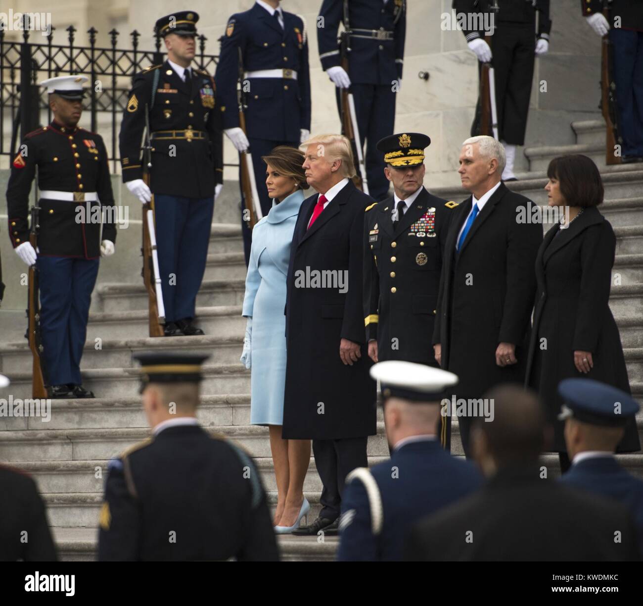 Newly inaugurated President Donald Trump reviewing troops from the ...