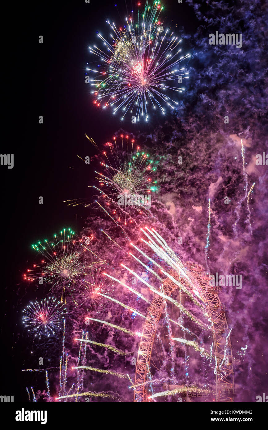 London, UK - January 1st 2018. Fireworks display at the London Eye in ...