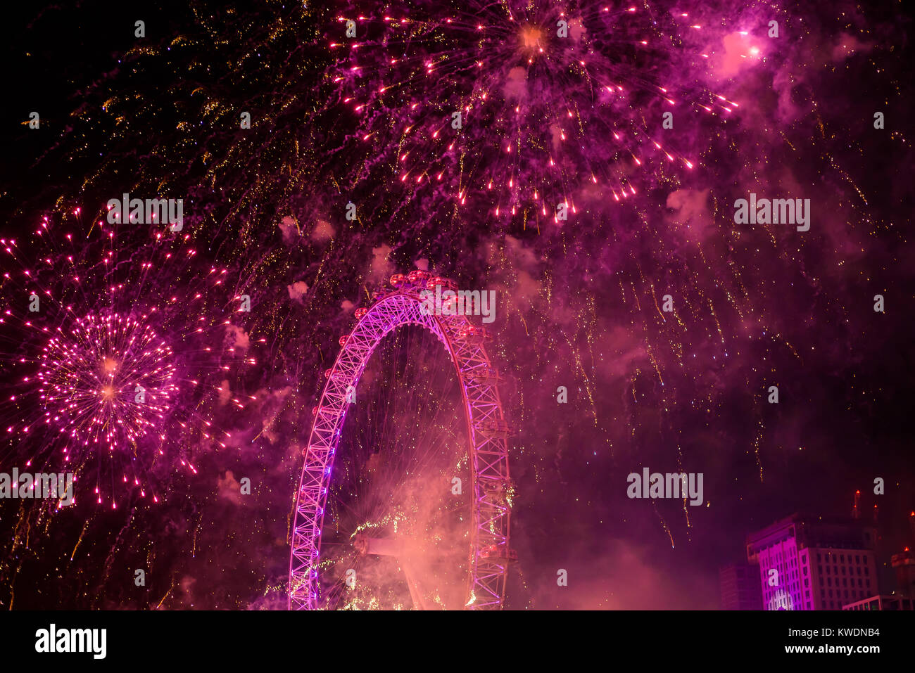 London, UK - January 1st 2018. Fireworks display at the London Eye in ...