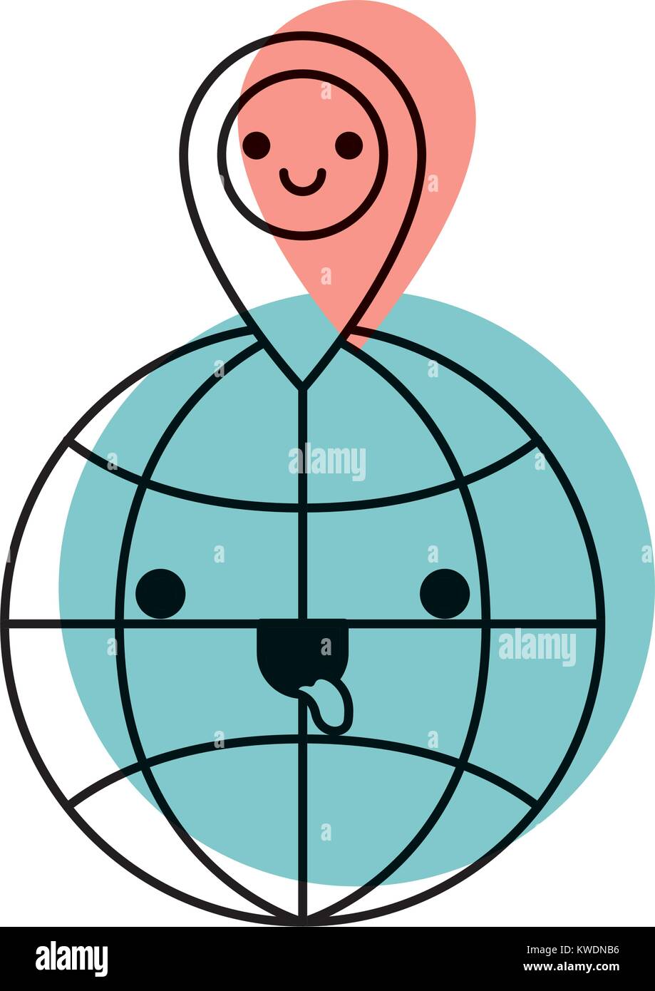 kawaii world globe and kawaii map pointer on top in watercolor ...