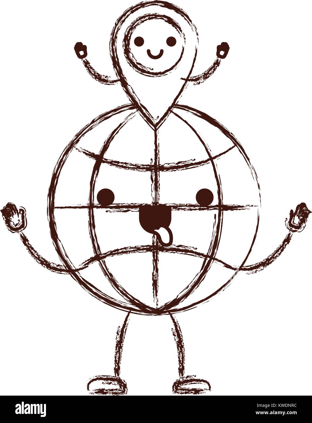 animated kawaii world globe and kawaii map pointer on top in monochrome ...