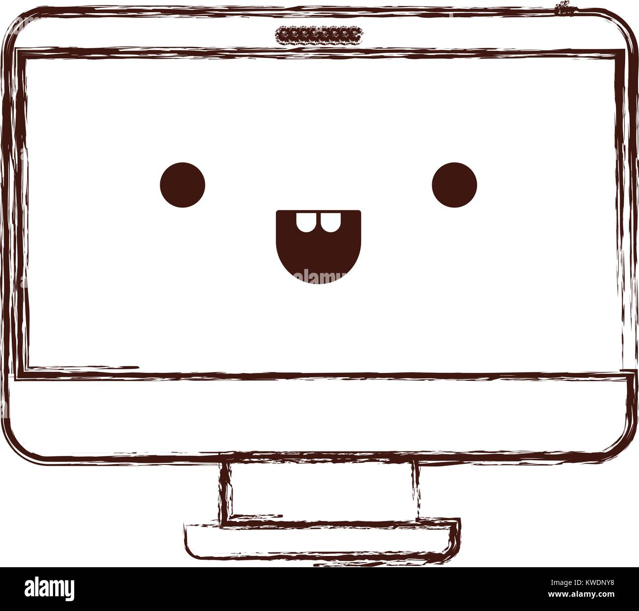 kawaii desktop computer in monochrome blurred silhouette Stock Vector ...