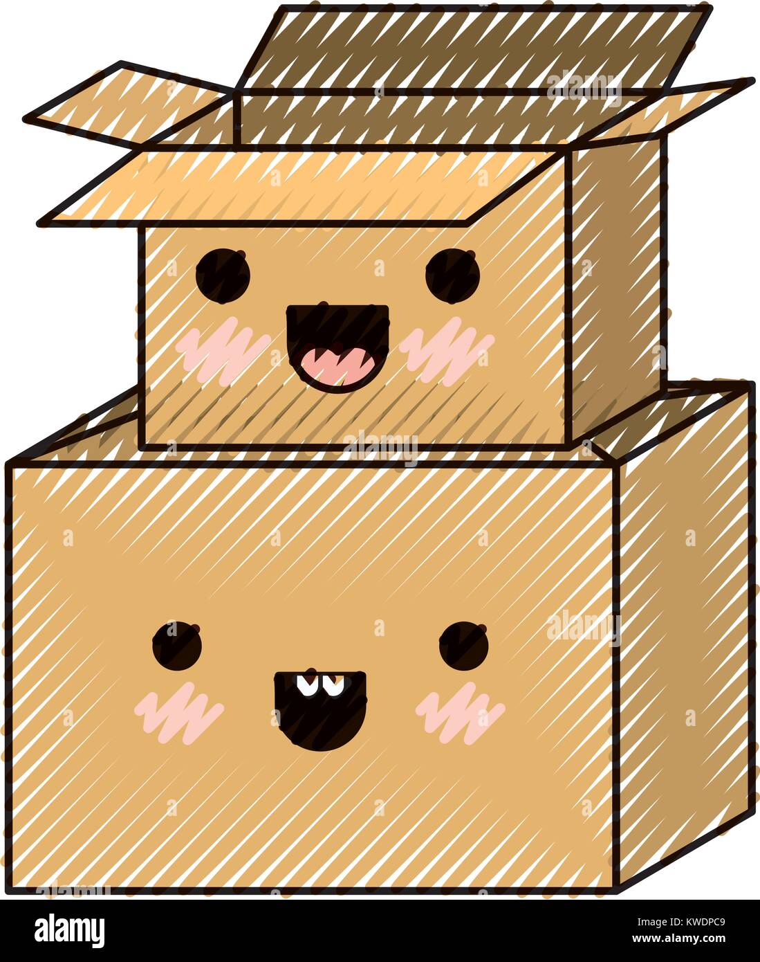kawaii cardboard boxes stacked in colored crayon silhouette Stock ...