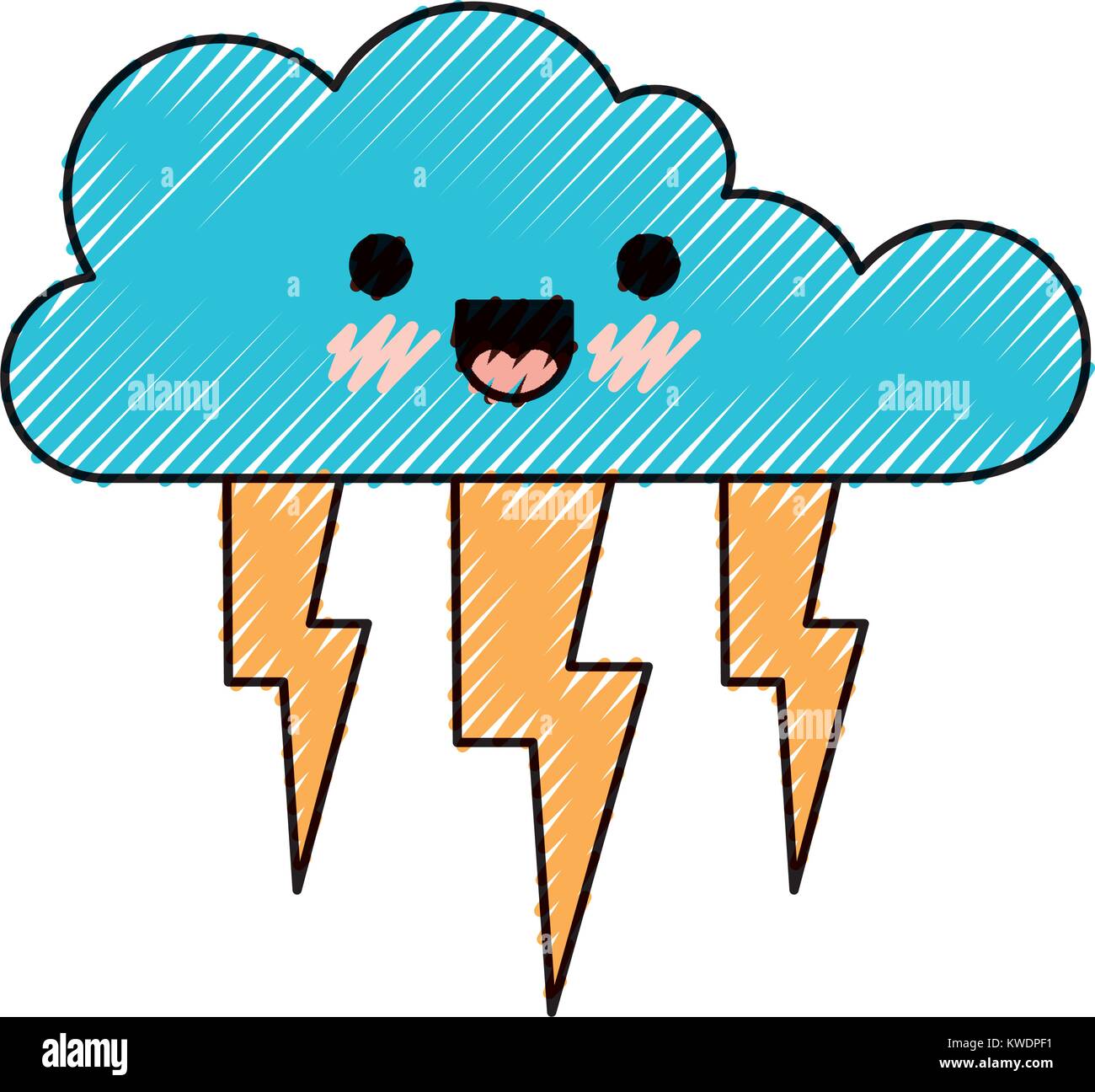 kawaii cloud with lightnings in colored crayon silhouette Stock Vector ...