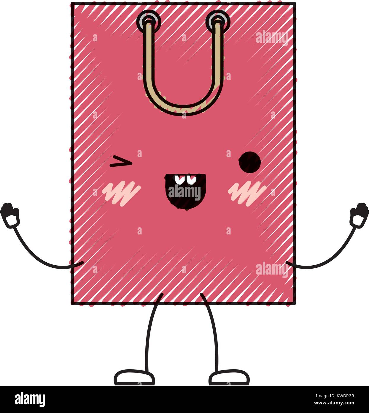 square animated kawaii shopping bag icon with handle in colored crayon ...