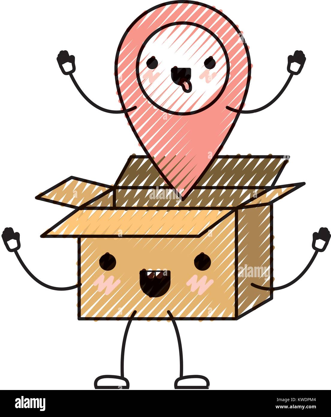 animated opened kawaii cardboard box with kawaii map pointer on top in ...
