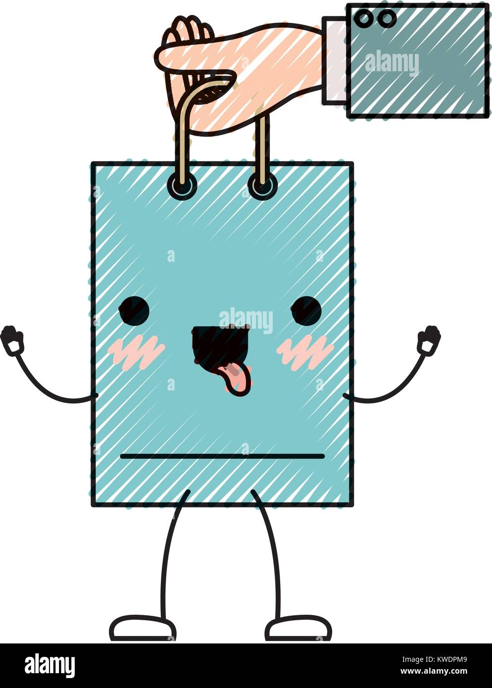 hand holding animated kawaii shopping bag in colored crayon silhouette ...