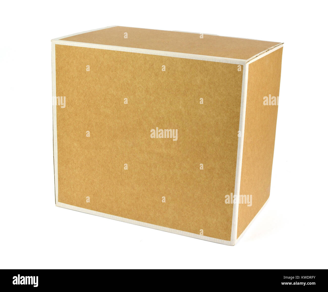 Cardboard square box with white edges in vertical position, on white ...