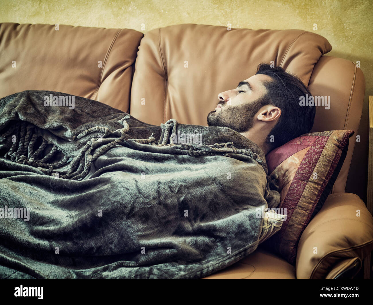 Attractive young man lying alone on a couch, sleeping, covered by ...