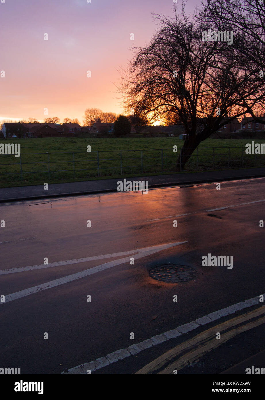 Warm coloured winter sunrise reflected in wet road, Beverley, Yorkshire ...