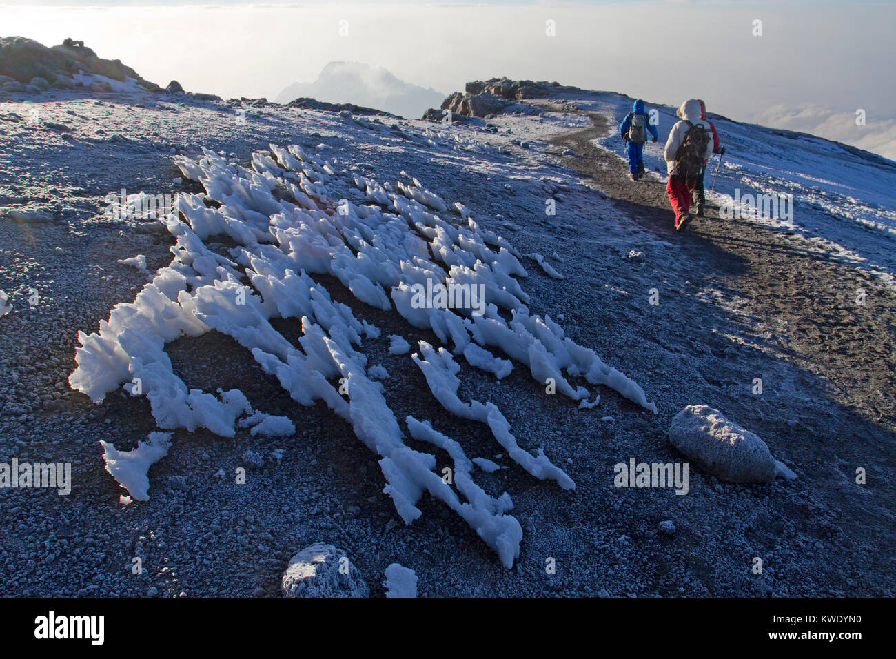 Wind-blasted snow formations on the crater rim of Mt Kilimanjaro Stock ...