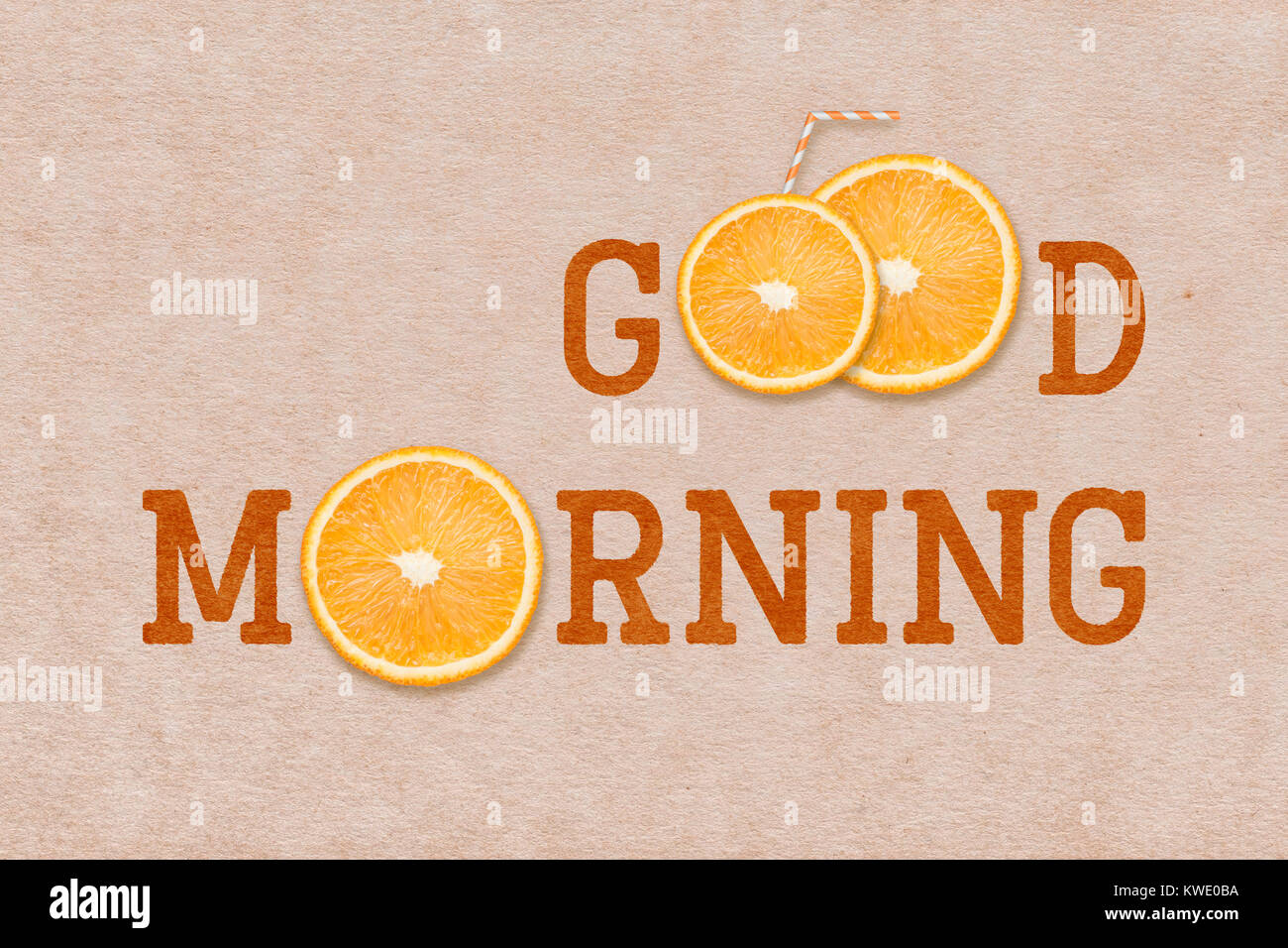 good morning word printed on vintage paper with orange slices inside ...