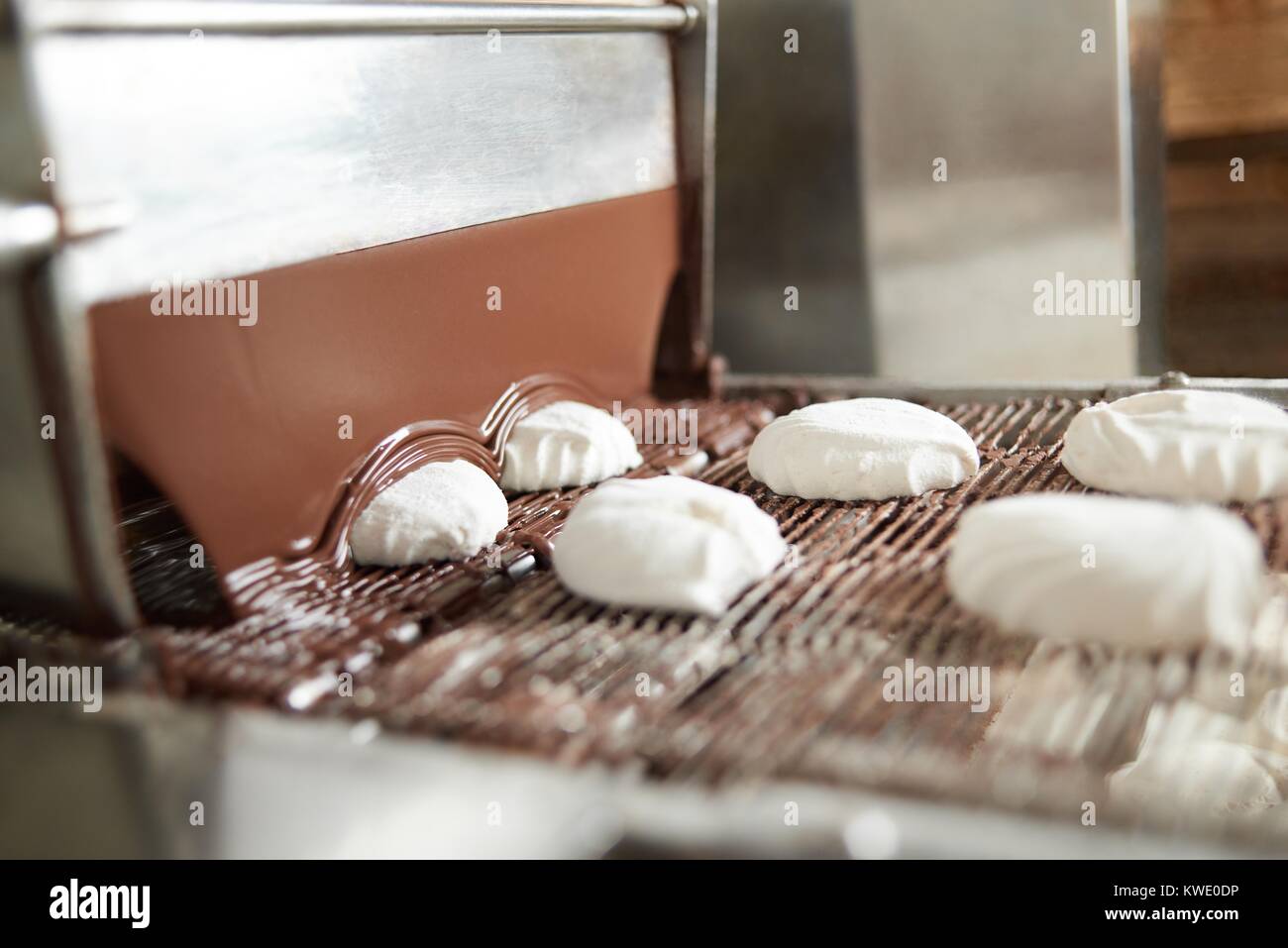 Confectionary line is covering white marshmallow with liquid chocolate ...