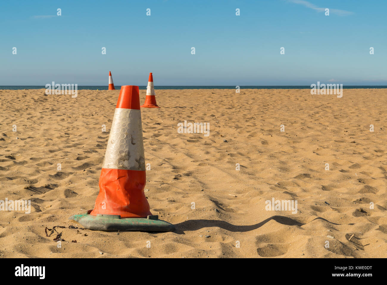 Pylons on the beach, seen in Aberporth Bay, Ceredigion, Dyfed, Wales ...