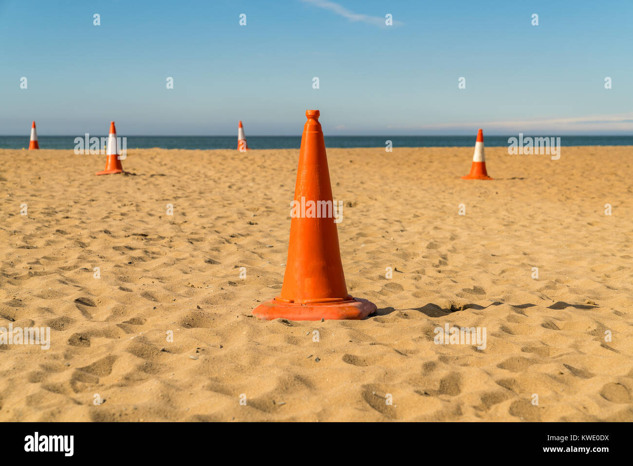 Pylons on the beach, seen in Aberporth Bay, Ceredigion, Dyfed, Wales ...