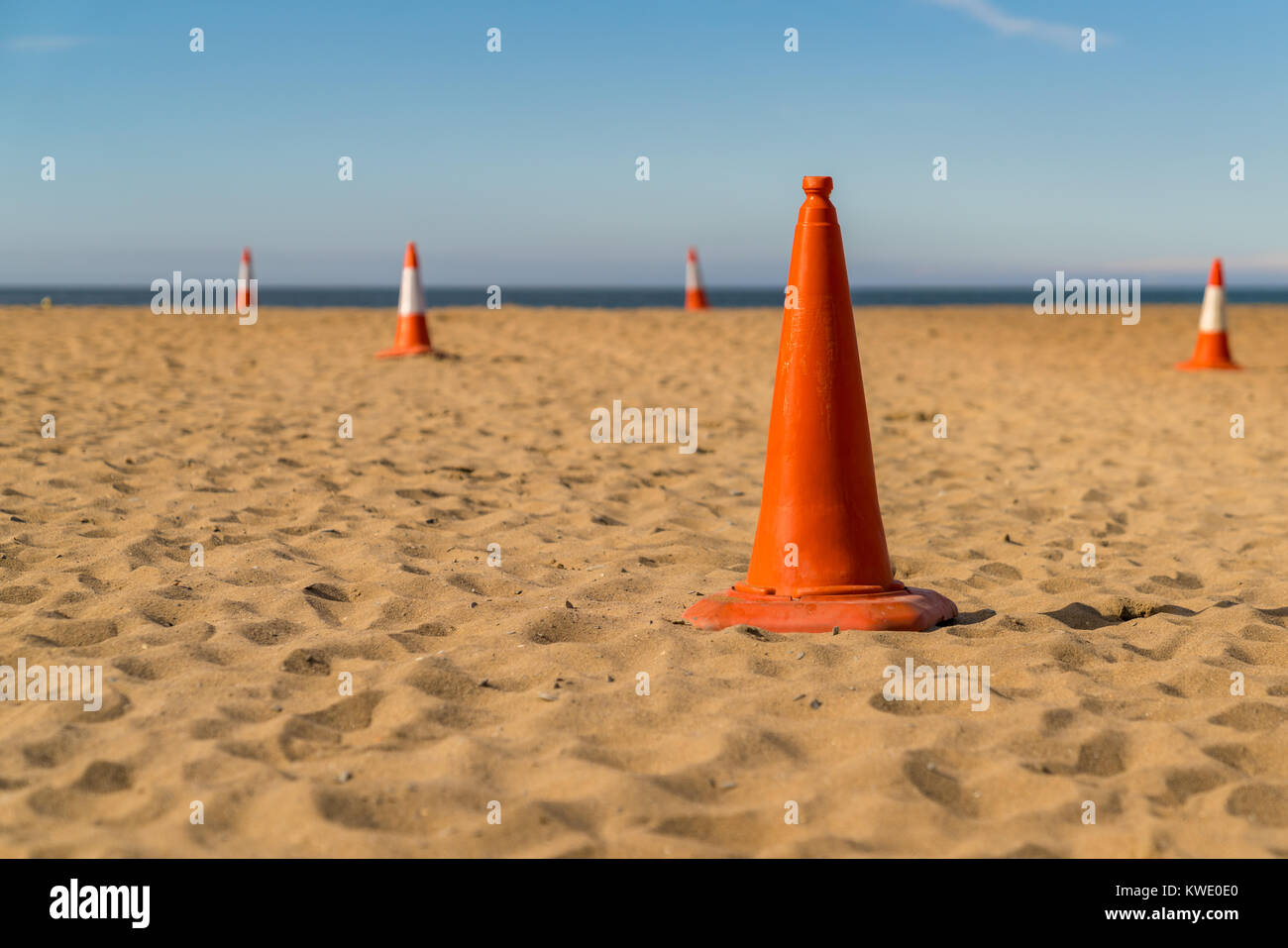 Pylons on the beach, seen in Aberporth Bay, Ceredigion, Dyfed, Wales ...