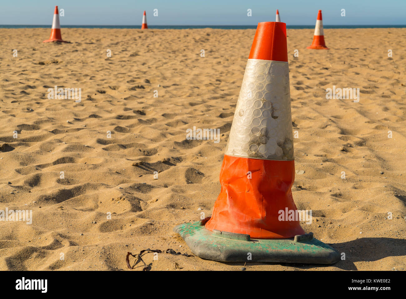 Pylons on the beach, seen in Aberporth Bay, Ceredigion, Dyfed, Wales ...