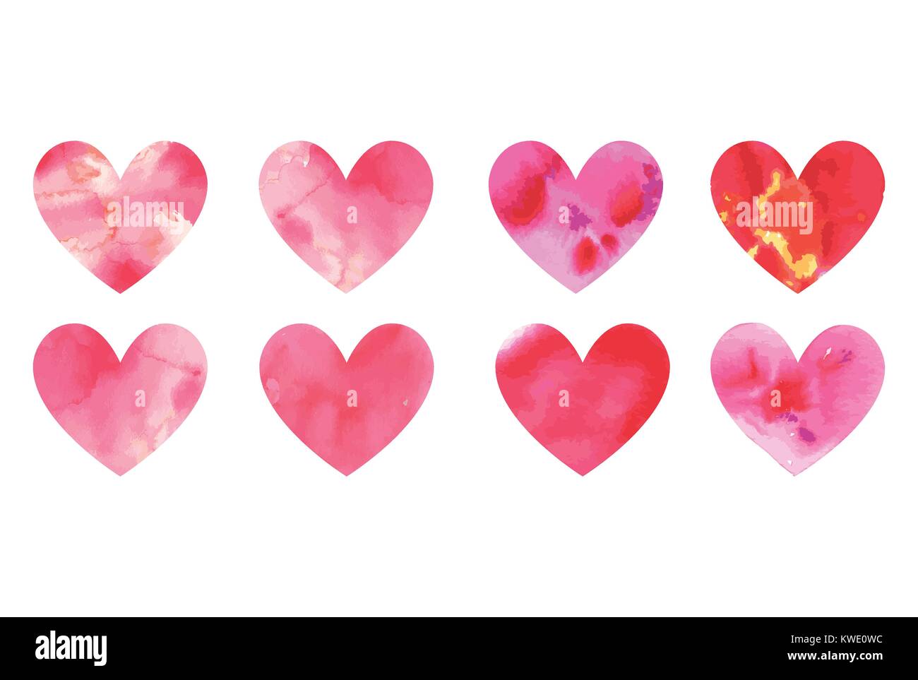Set of vector watercolor hearts. Hand-drawn various red pink orange ...