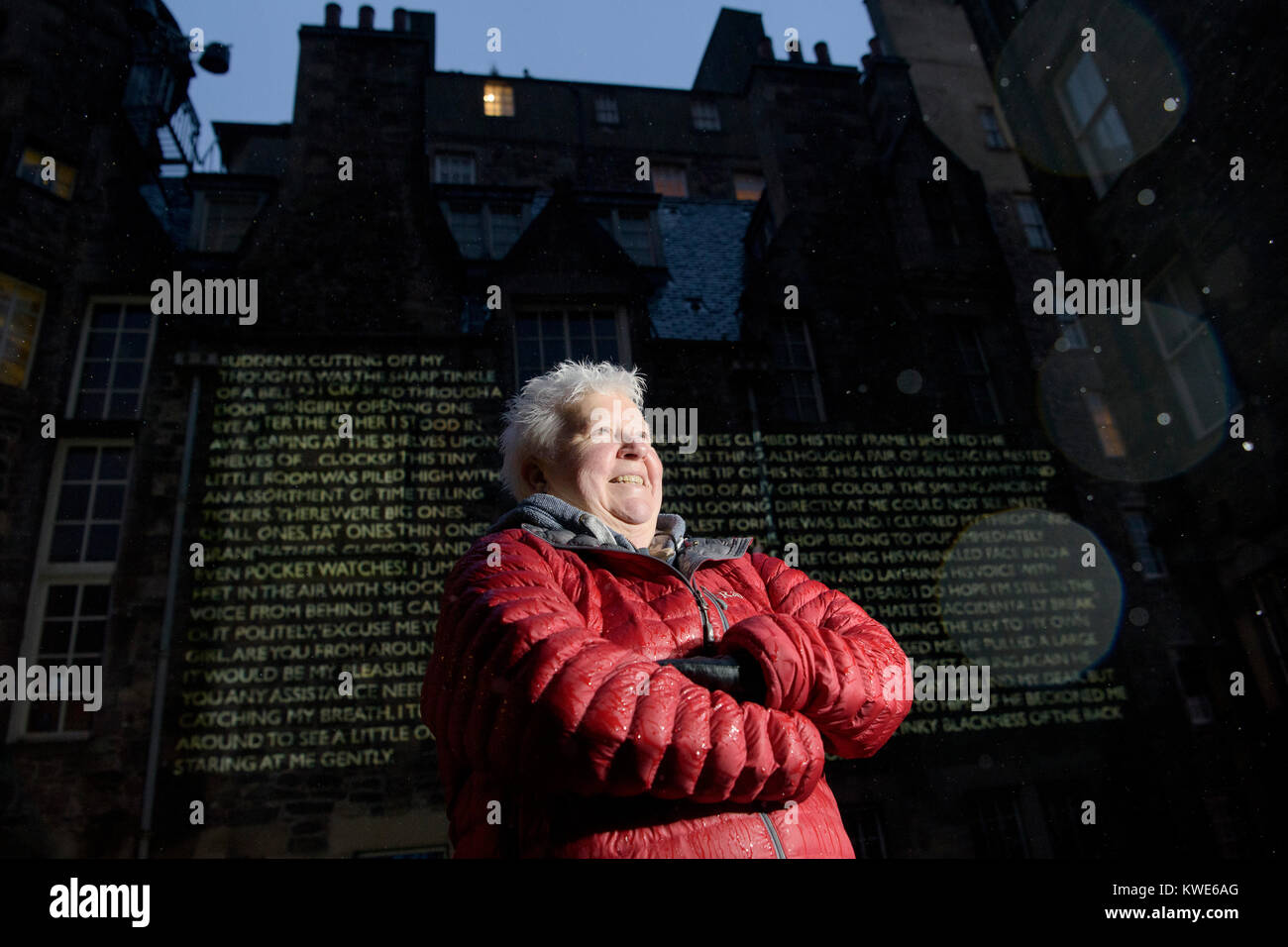 Scottish Crime Writer Val McDermid in front of words and images form ...