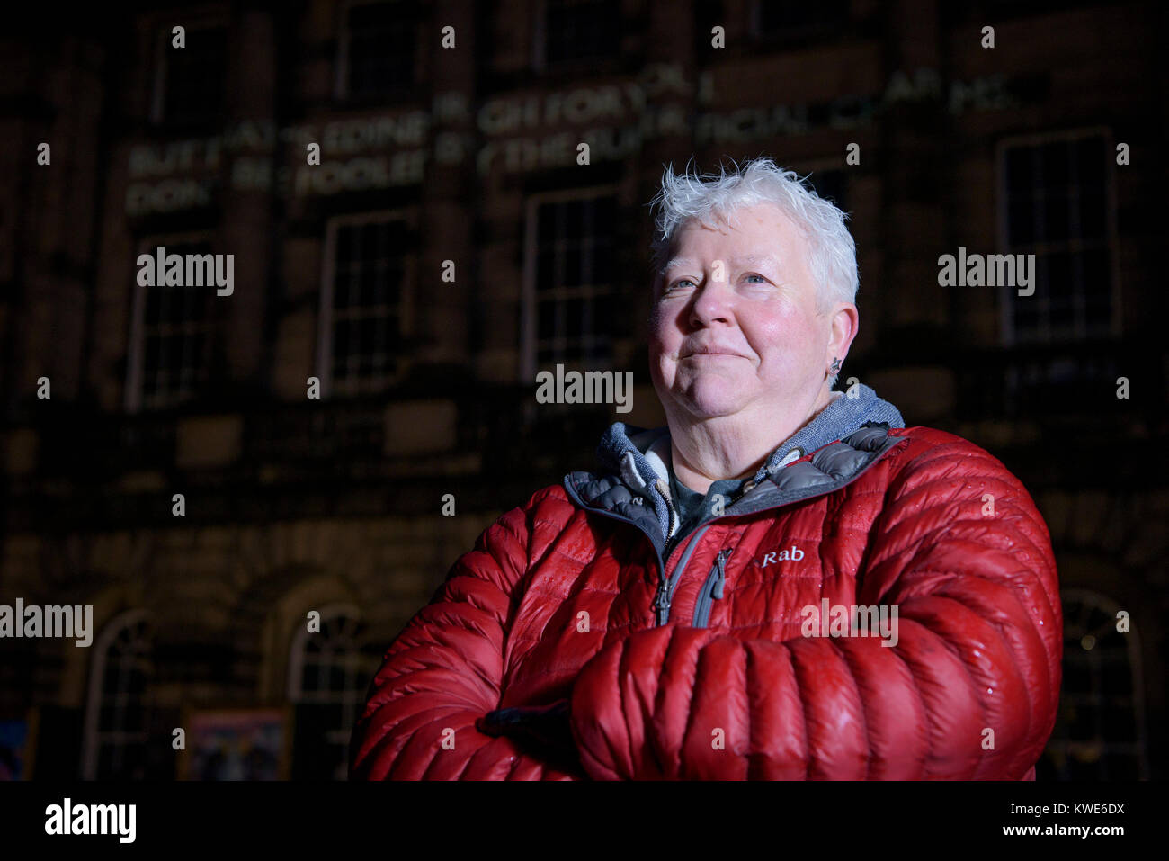 Scottish Crime Writer Val McDermid in front of words and images form ...