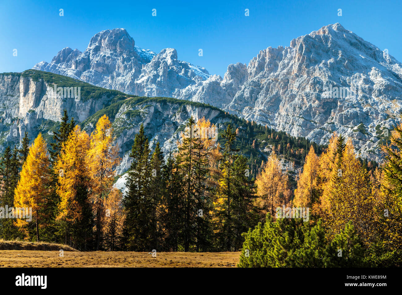 The Dolomite Alps with fall foliage color near Auronzo di Cadore ...