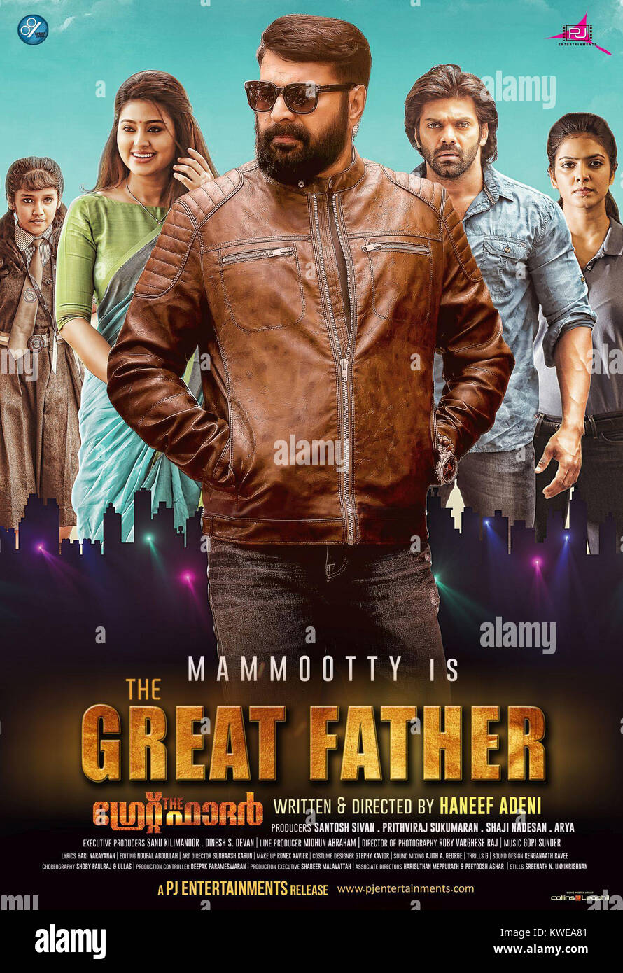 THE GREAT FATHER, British poster, from left: Anikha Surendran, Sneha, Mammootty, Arya, Malavika ...