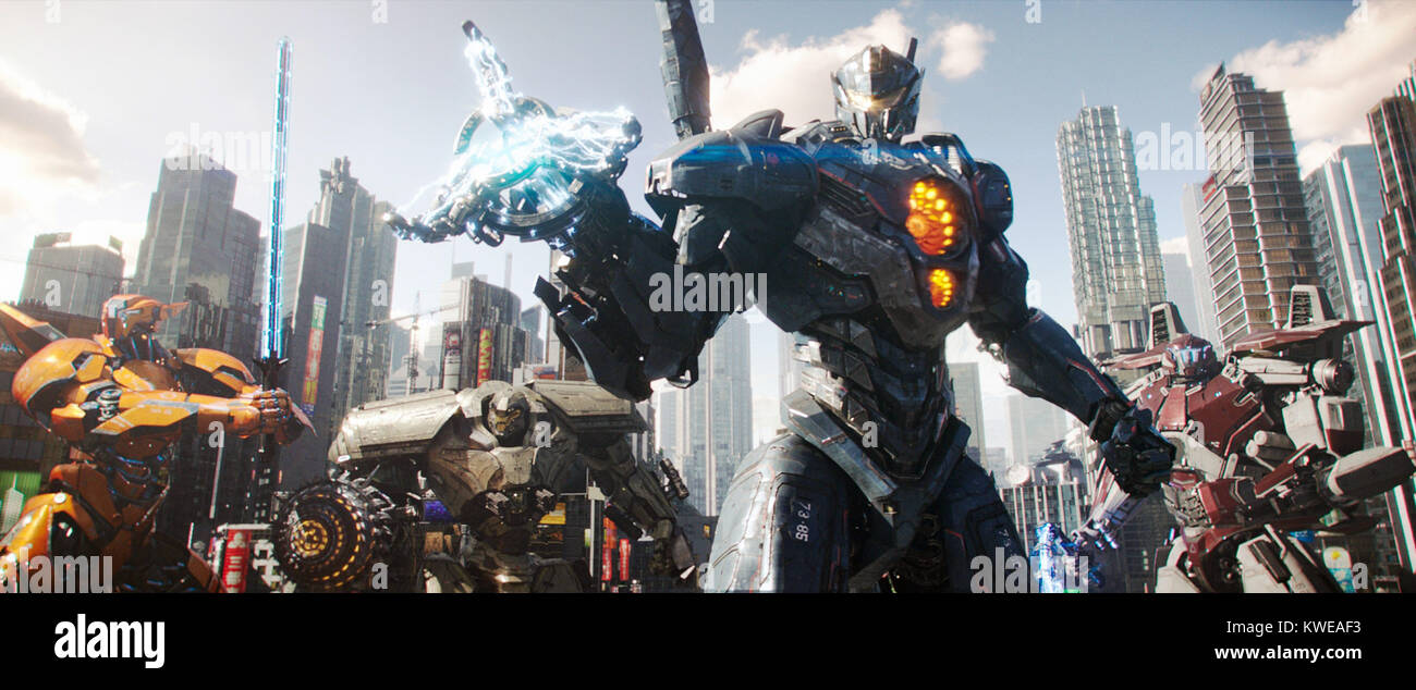 PACIFIC RIM UPRISING, foreground, from left: Jaeger mechs 'Saber Athena ...