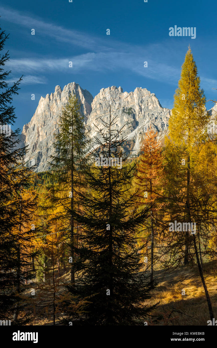The Dolomite Alps with fall foliage color near Auronzo di Cadore ...