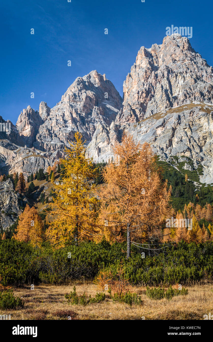 The Dolomite Alps with fall foliage color near Auronzo di Cadore ...