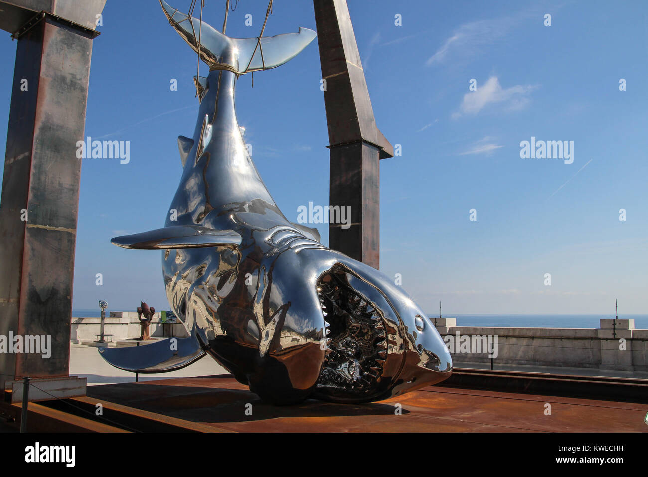 Huge chrome shark sculpture at aquarium. Monaco Stock Photo - Alamy