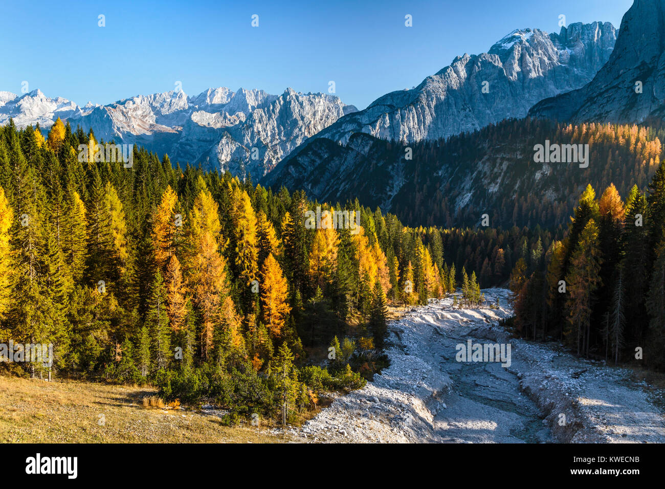 The Dolomite Alps with fall foliage color near Auronzo di Cadore ...