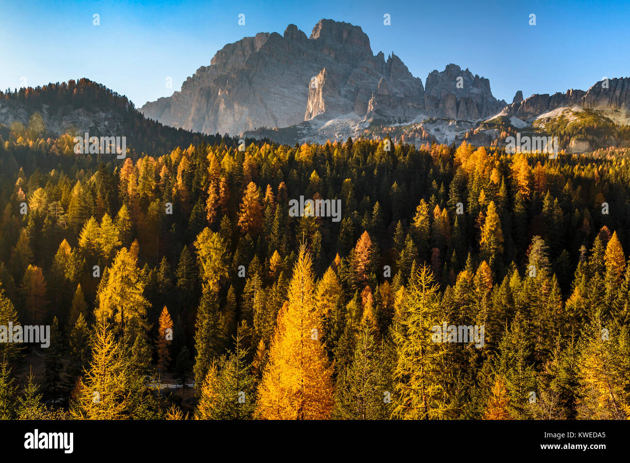 The Dolomite Alps with fall foliage color near Auronzo di Cadore ...